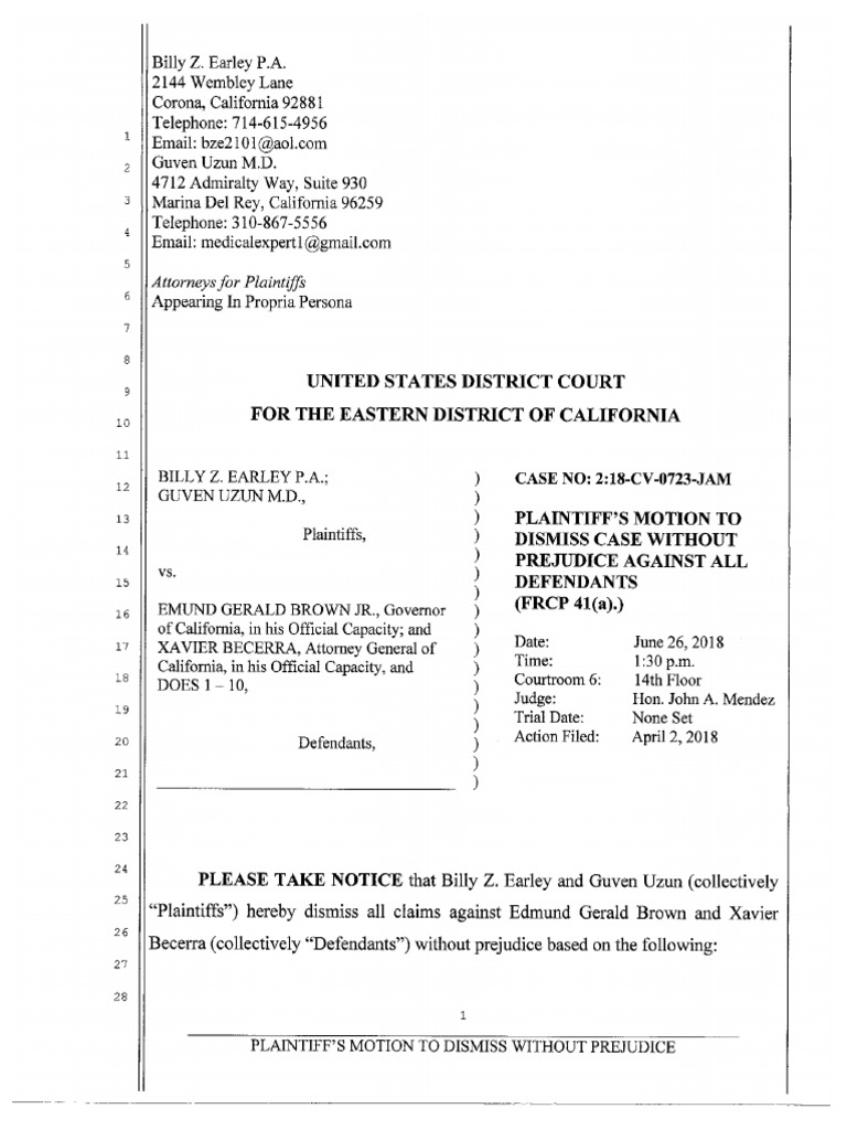Plaintiff's Motion To Dismiss Complaint Pursuant To FRCP 41 (A) | PDF ...