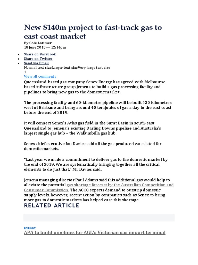 New $140m Project To Fast-Track Gas To East Coast Market: Related ...
