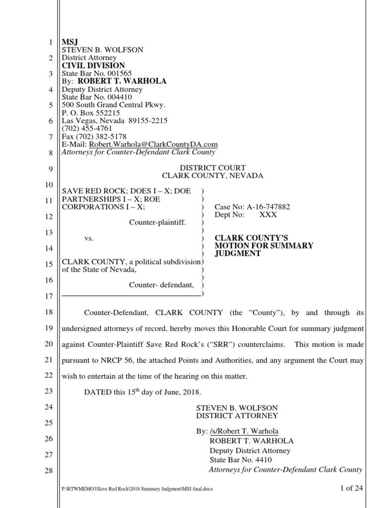 Clark County Motion For Summary Judgement | PDF | Summary Judgment | Separation Of Powers