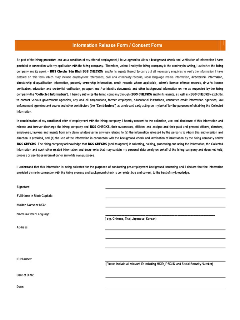 Information Release Form / Consent Form | PDF | Background Check ...