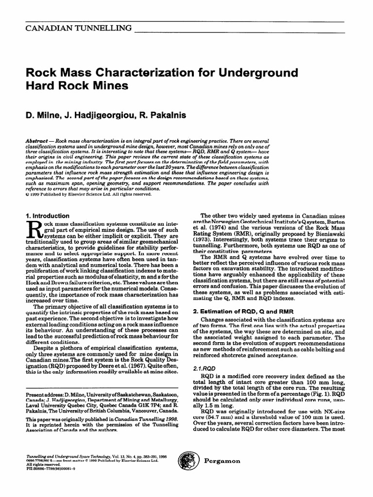 Rock Mass Characterization For Underground Hard Rock Mines | PDF ...