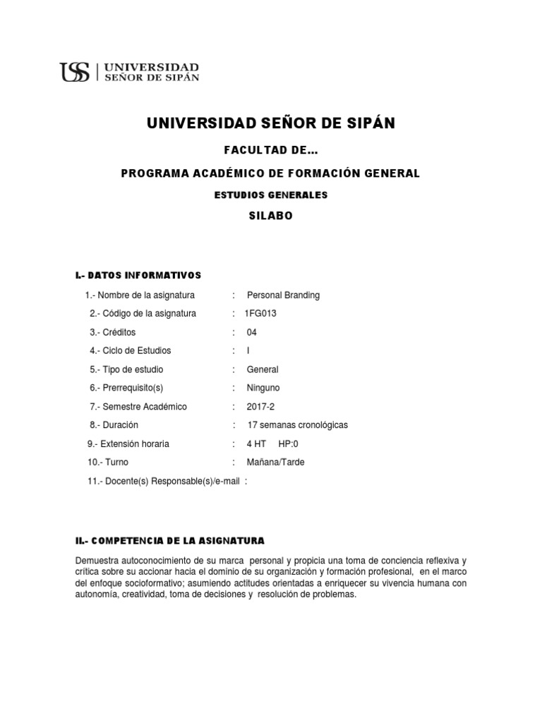 Silabo Personal Branding - Criterios Ev. | PDF | Evaluación | Aprendizaje