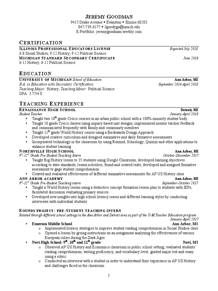Jeremy Goodman History Teacher Resume Schools Teachers