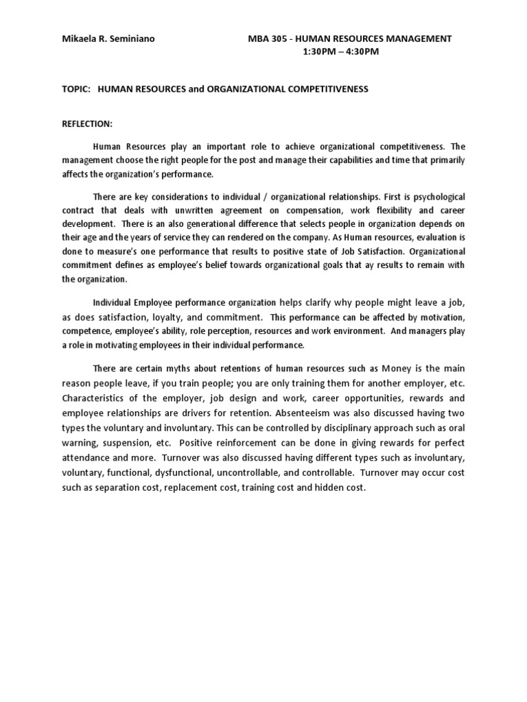 Reflection - HR For Managers MBA 305 | Download Free PDF | Human ...