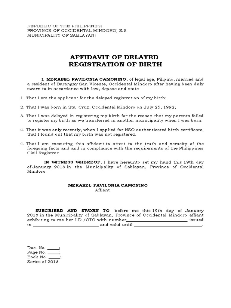 Affidavit of Late Registration of Birth Favilonia