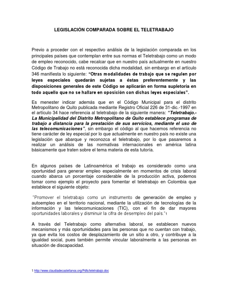 Legislacion Comparada Teletrabajo | PDF | Derecho laboral | Teletrabajo