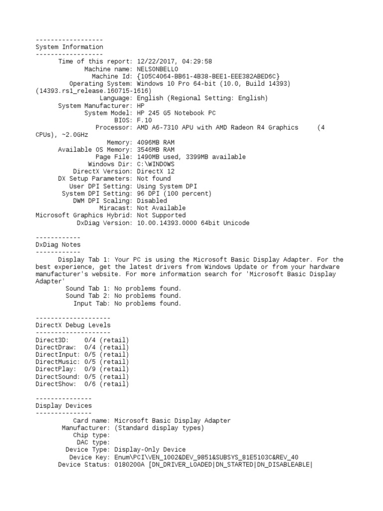 DxDiag Sample Generated | PDF | Device Driver | Personal Computers