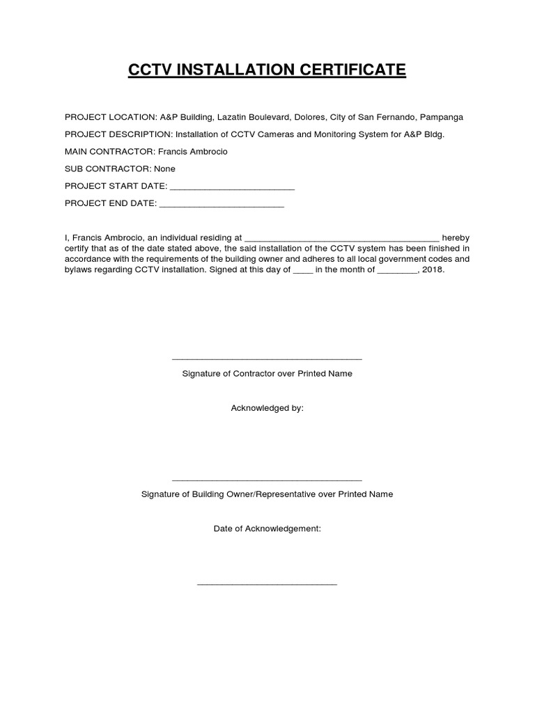 Certificate Of Installation Template