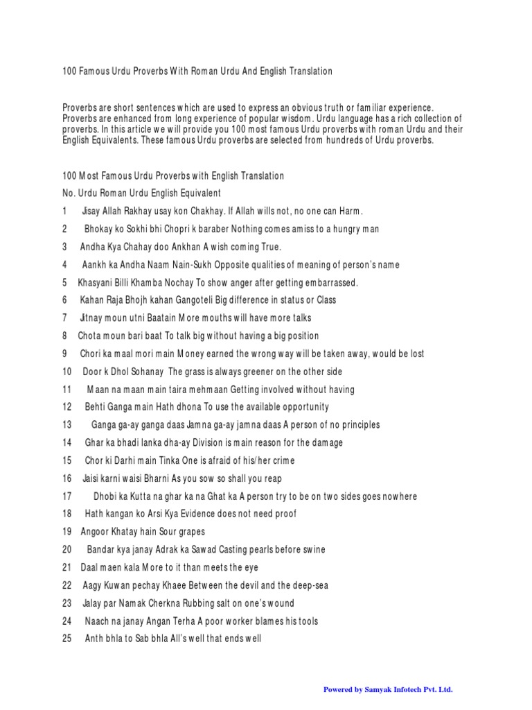 100 Famous Urdu Proverbs With Roman Urdu and English Translation | PDF