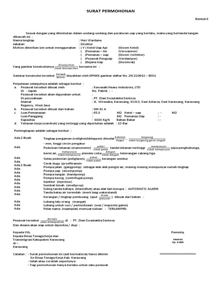 Surat Permohonan Ketel Uap Pipa API | PDF