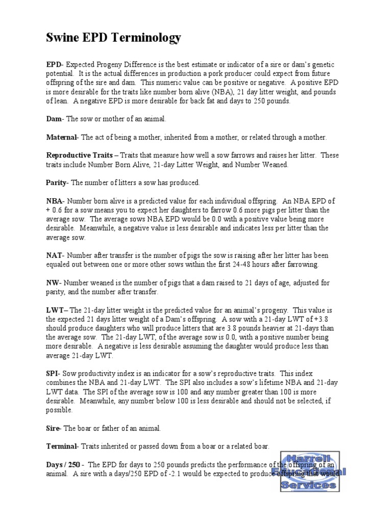 Swine EPD Terminology | PDF | Animals And Humans | Domesticated Animals