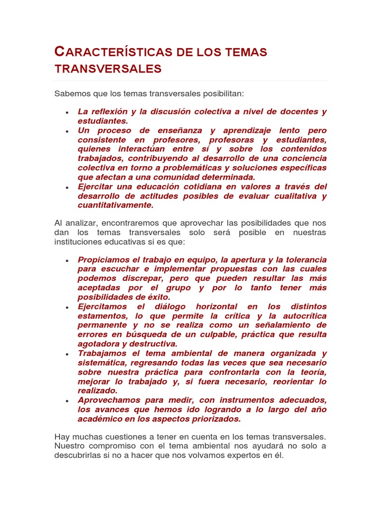 Características de Los Temas Transversales | PDF | Maestros | Sicología