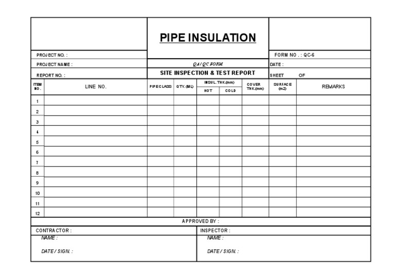 Pipe Insulation: Qa / QC Form | PDF | Technology & Engineering