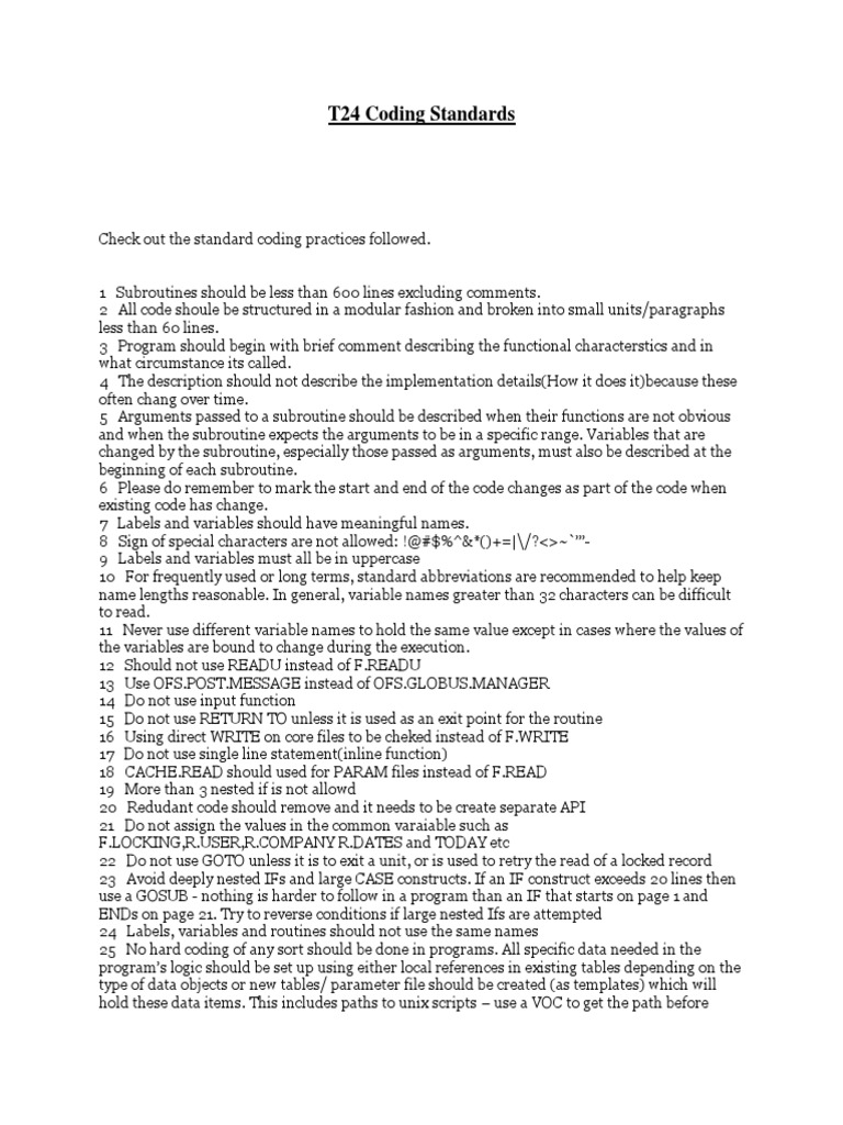 T24 Coding Standards Pdf Subroutine Parameter Computer Programming