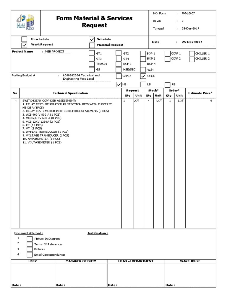 Form Material & Services Request | PDF | Force | Electricity