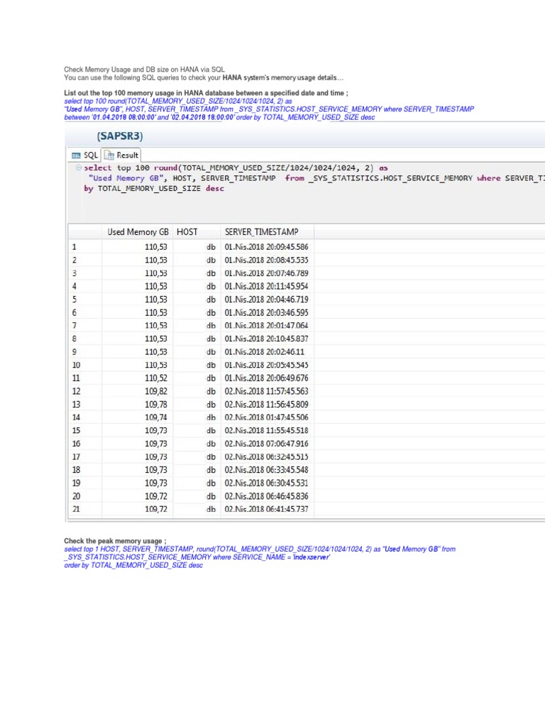 Check Memory Usage and DB Size On HANA Via SQL | PDF