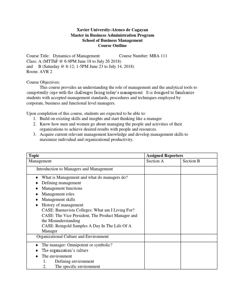 Dynamics of Management Course Outline Xavier University | PDF ...