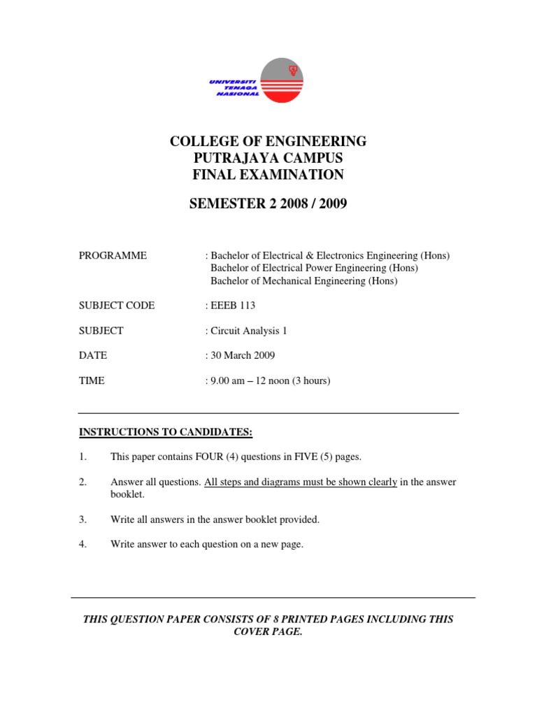 Circuit Analysis Final Exam Paper UNITEN | PDF | Electrical Circuits | Computer Engineering