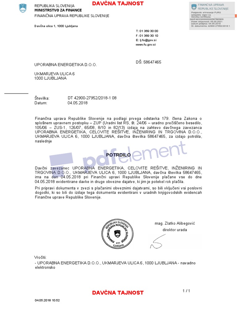 UE Potrdilo o Plačnaih Vseh Davkih | PDF