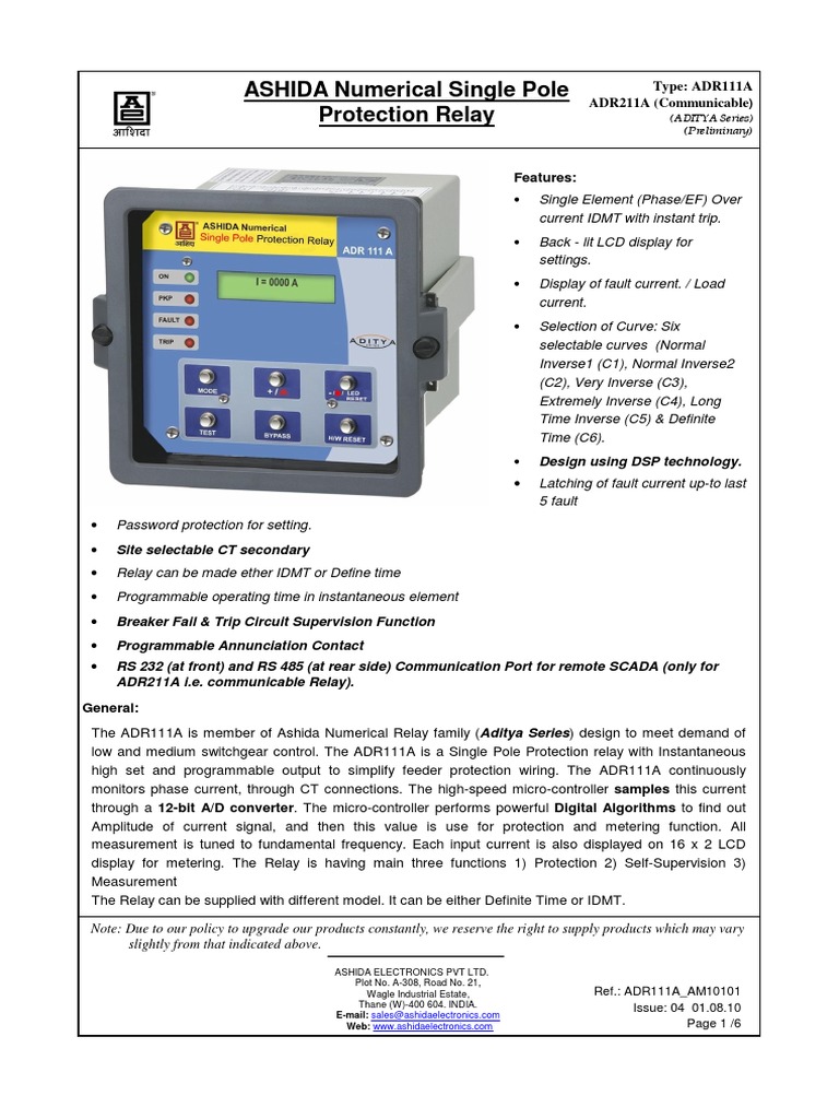 Overview of the ASHIDA Numerical Single Pole Type Protection Relay ...