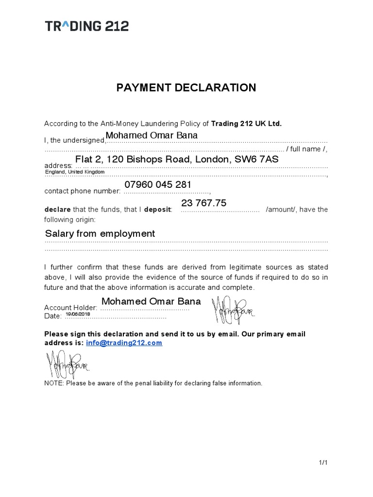 Payment Declaration for Trading 212 | PDF