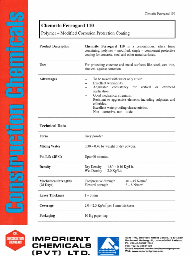 Chemrite Ferrogard 110 | PDF | Corrosion | Concrete