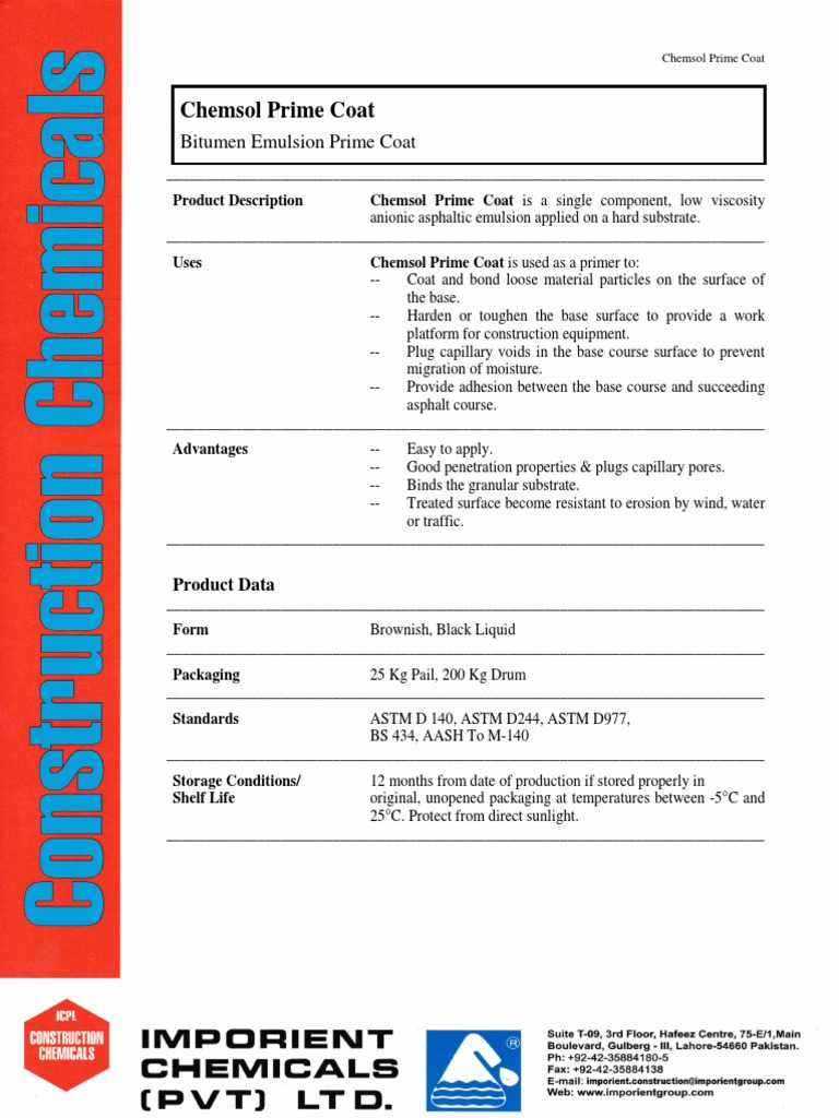 Chemsol Prime Coat PDF | PDF | Asphalt | Emulsion