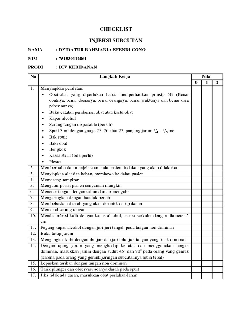 Checklist Injeksi SC | PDF
