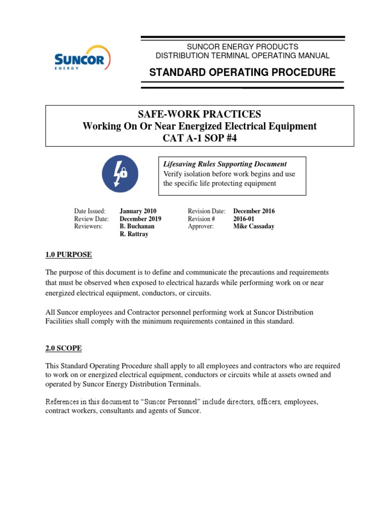 Cat A1 SOP 04 Working On or Near Energized Electrical Equipment PDF ...