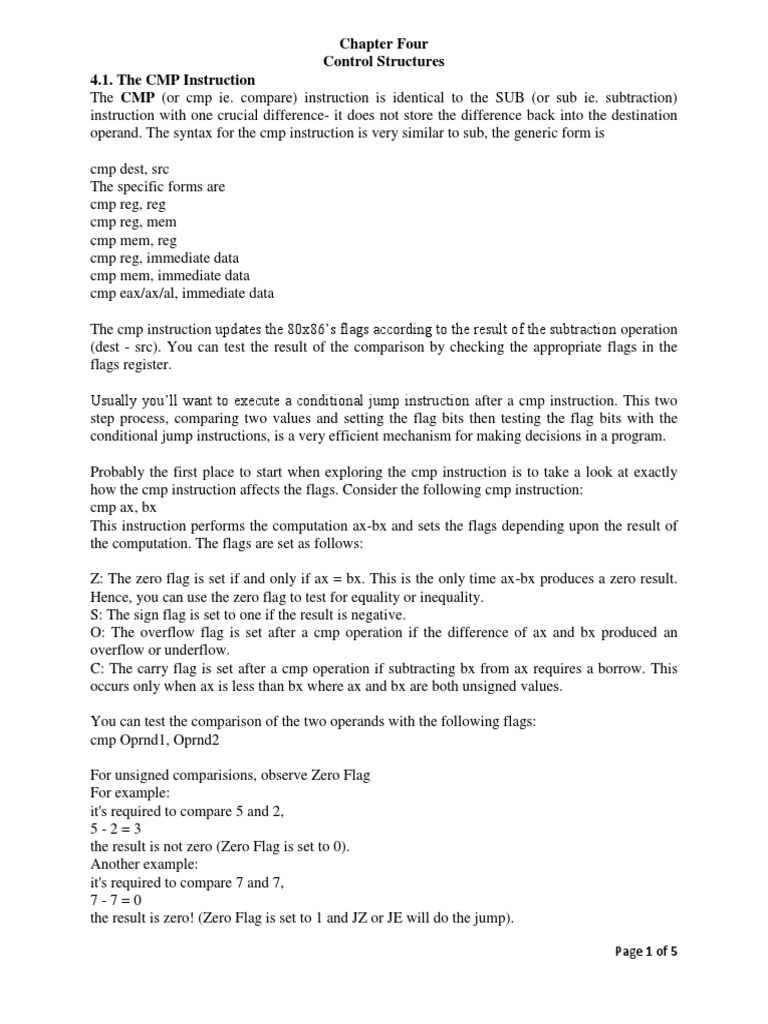 Chapter Four Control Structures 4.1. The CMP Instruction: Page 1 of 5 ...