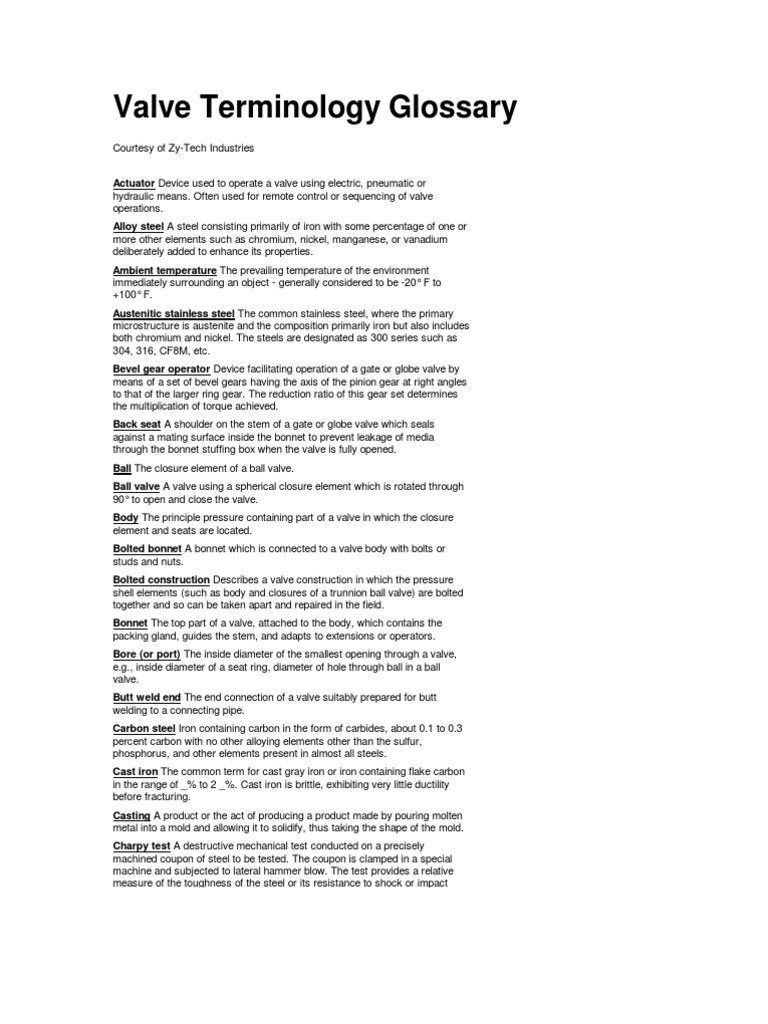 Valve Terminology Glossary | PDF