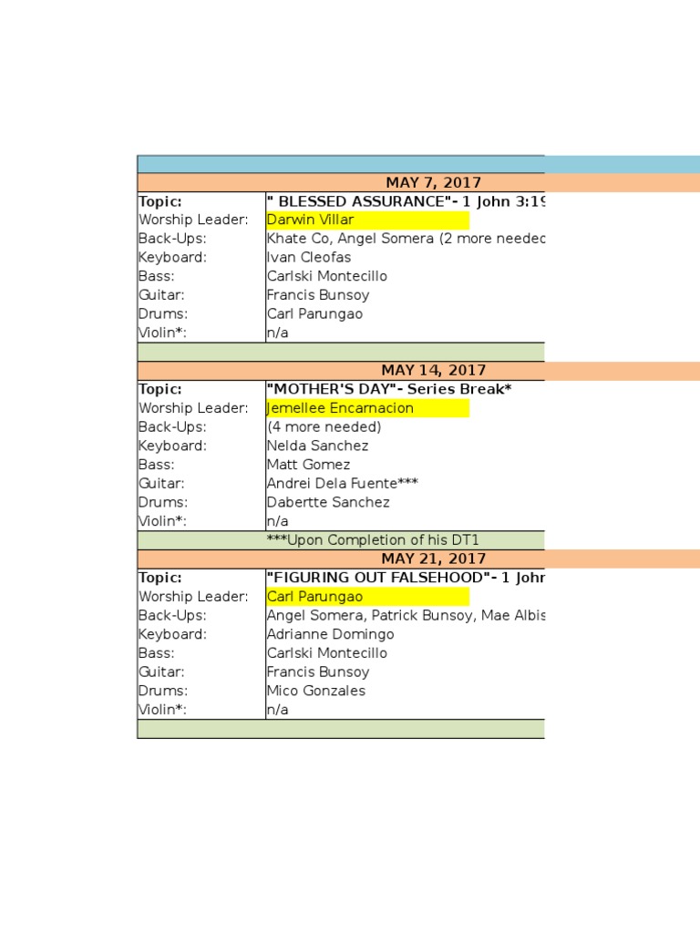 Worship Team 2017 Assignments Templates | PDF | Religious Behaviour And ...