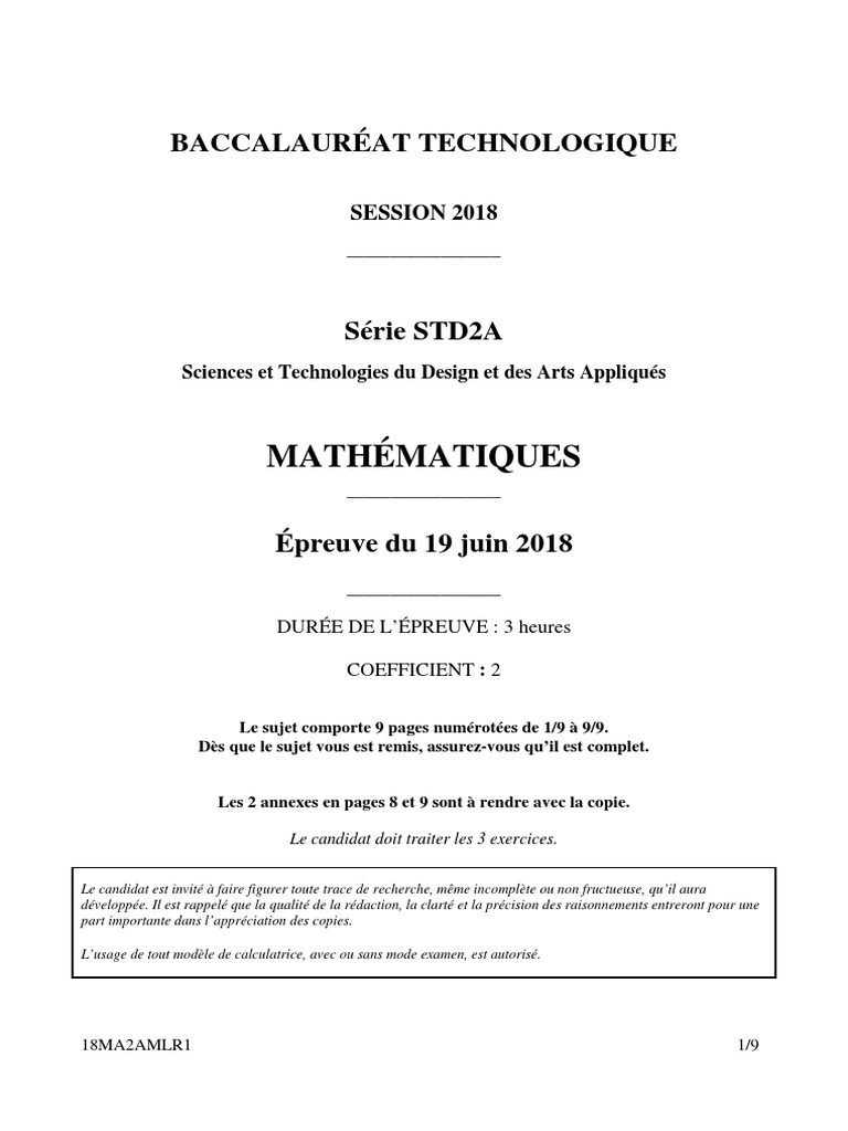 Bac Std2a 2018 Sujet Maths | Courbe | Ellipse