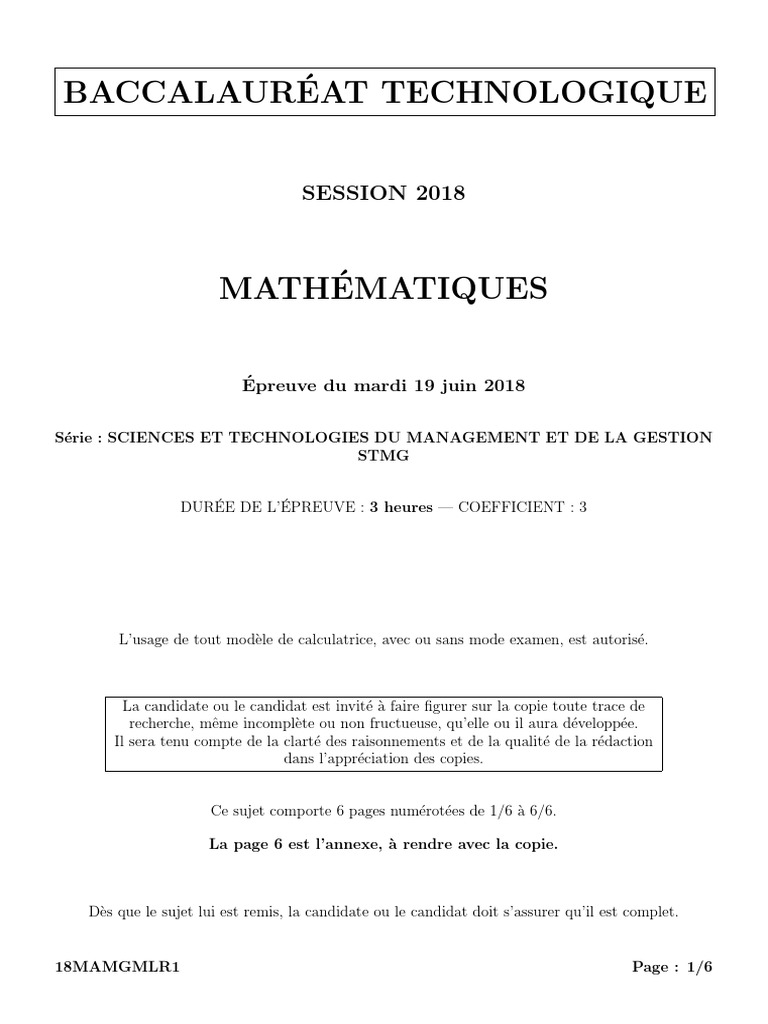 Bac STMG 2018 Sujet Maths | PDF | Enseignement des mathématiques | Science