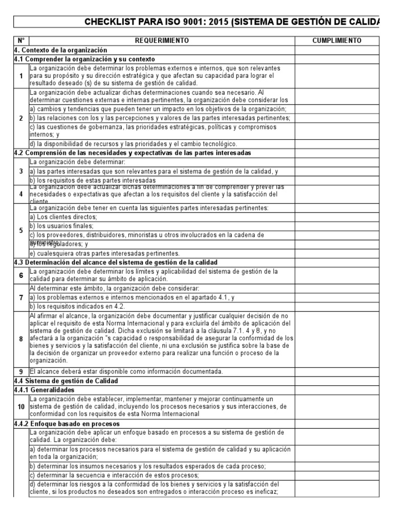 Checklist completa para la implementación del sistema de gestión de ...
