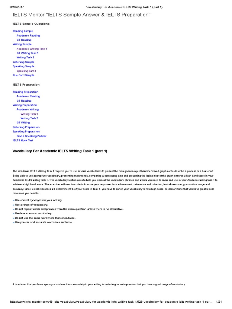 Vocabulary For Academic IELTS Writing Task 1 (Part 1) | PDF ...