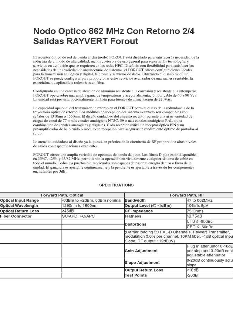 Nodo Optico 862 MHZ Con Retorno 2 | PDF | Aluminio | Tecnología de medios