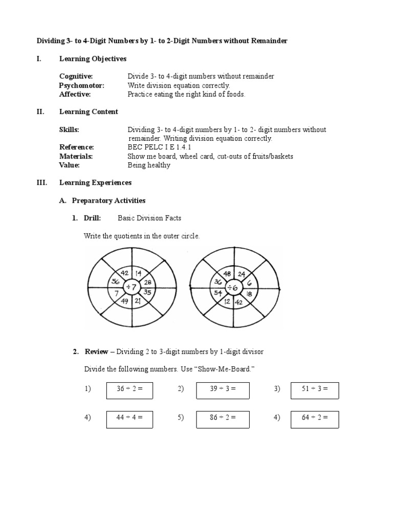 Dividing 3 - To 4-Digit Numbers by 1 - To 2-Digit Numbers Without ...