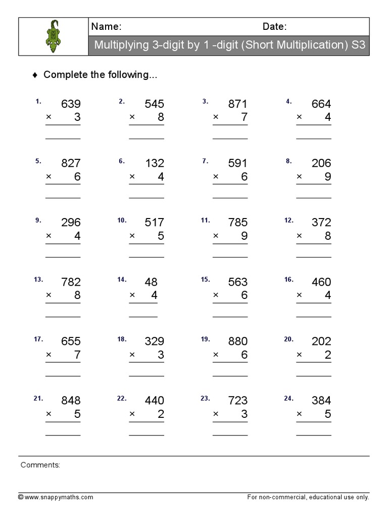 Multiplying 3-Digit by 1 - Digit (Short Multiplication) S3: Name: Date ...