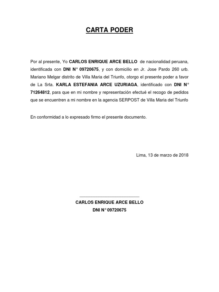 CARTA PODER Juan Julio Otiniano Vargas | PDF