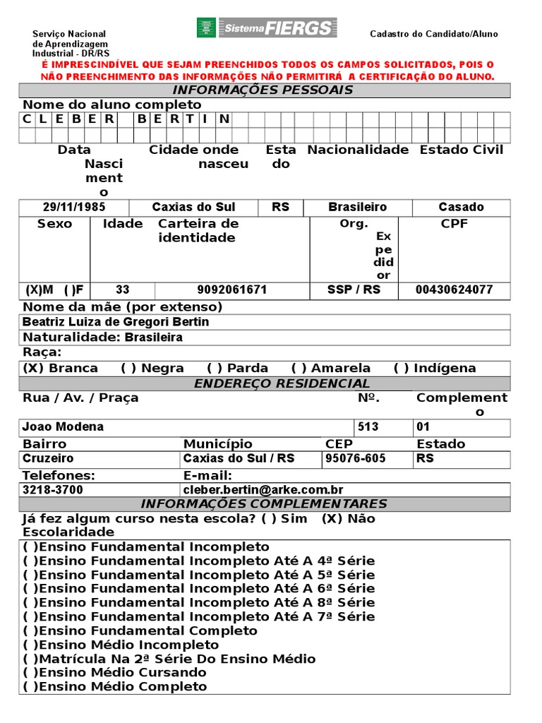 FICHA de Inscrição Dos Alunos | PDF | Escolas | Aprendizado