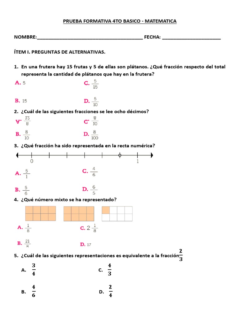 Formativa Matematica 4to Basico - Fracciones - Decimales | PDF ...