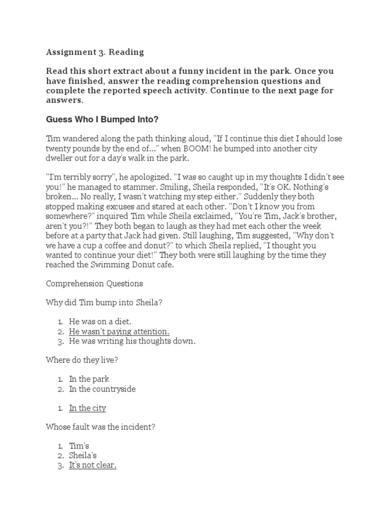 Reported Speech Reading Activity | PDF
