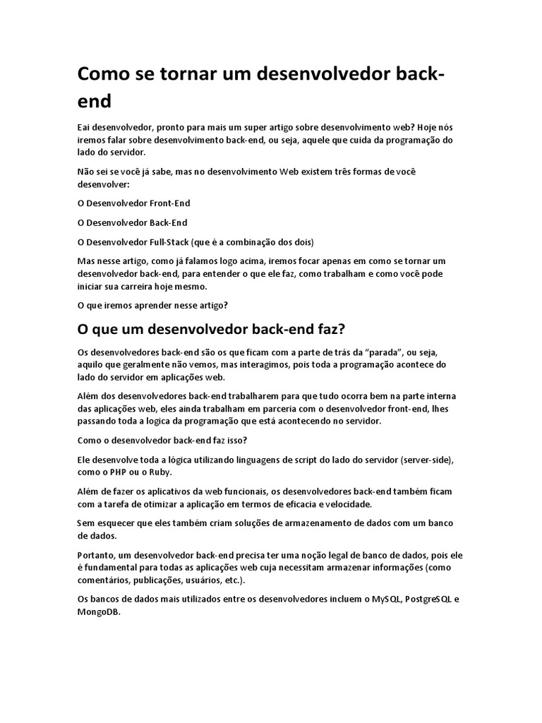 Como Se Tornar Um Desenvolvedor Back-End | PDF | Front-end e back-end ...