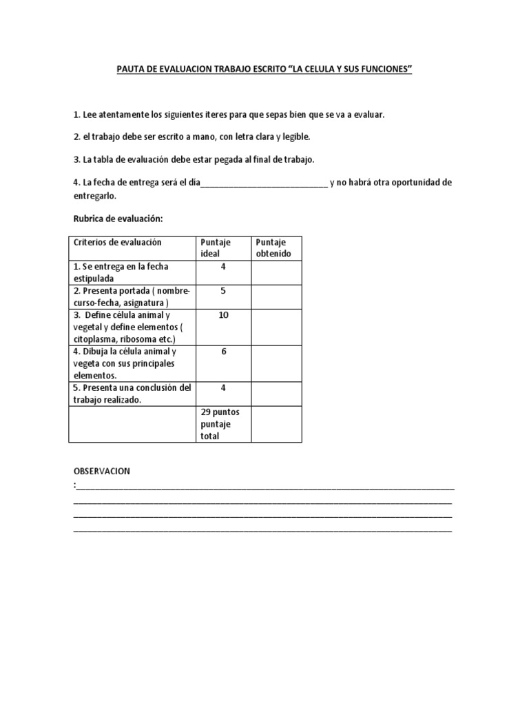 Pauta de Evaluacion Trabajo Escrito | PDF