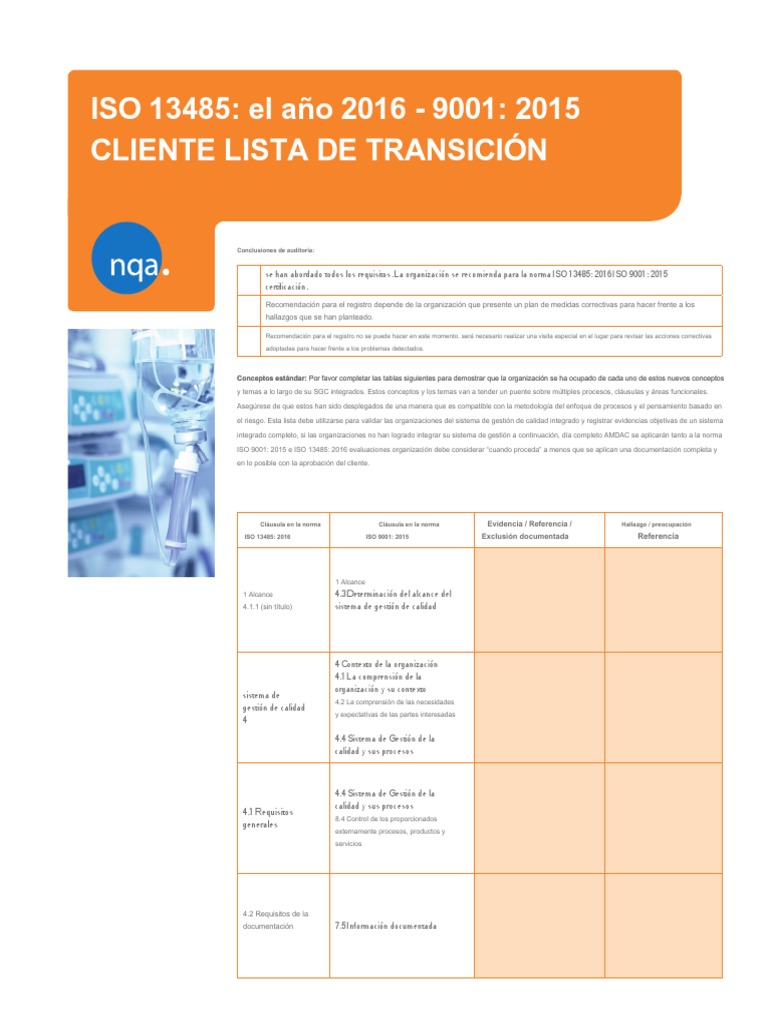 ISO 13485 2016 Transition Checklist.en.Es | Evaluación | Tecnología