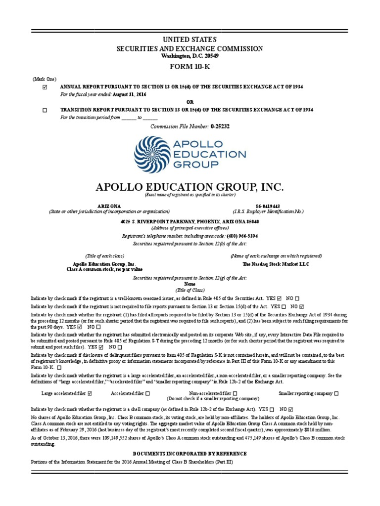 Apollo Education Group FY '16 10-K | PDF | Form 10 K | Academic Degree