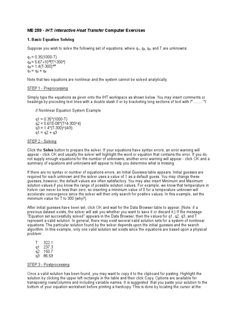 ME 259 - IHT: Interactive Heat Transfer Computer Exercises: 1. Basic ...