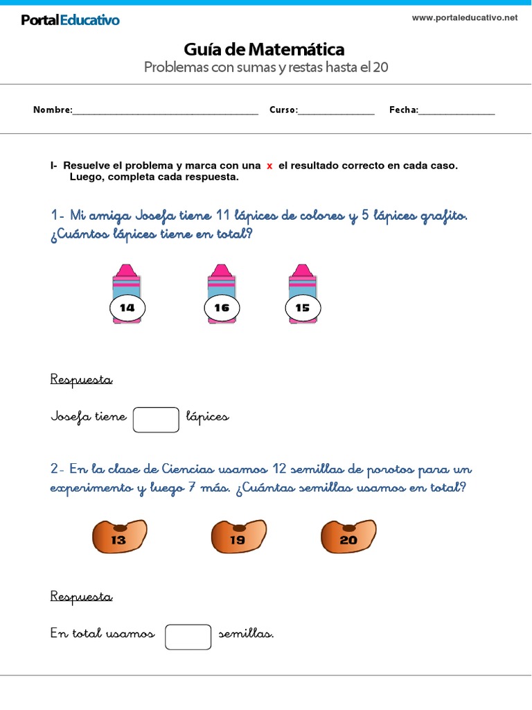 20 Problemas de Suma y Resta hasta 20 | PDF
