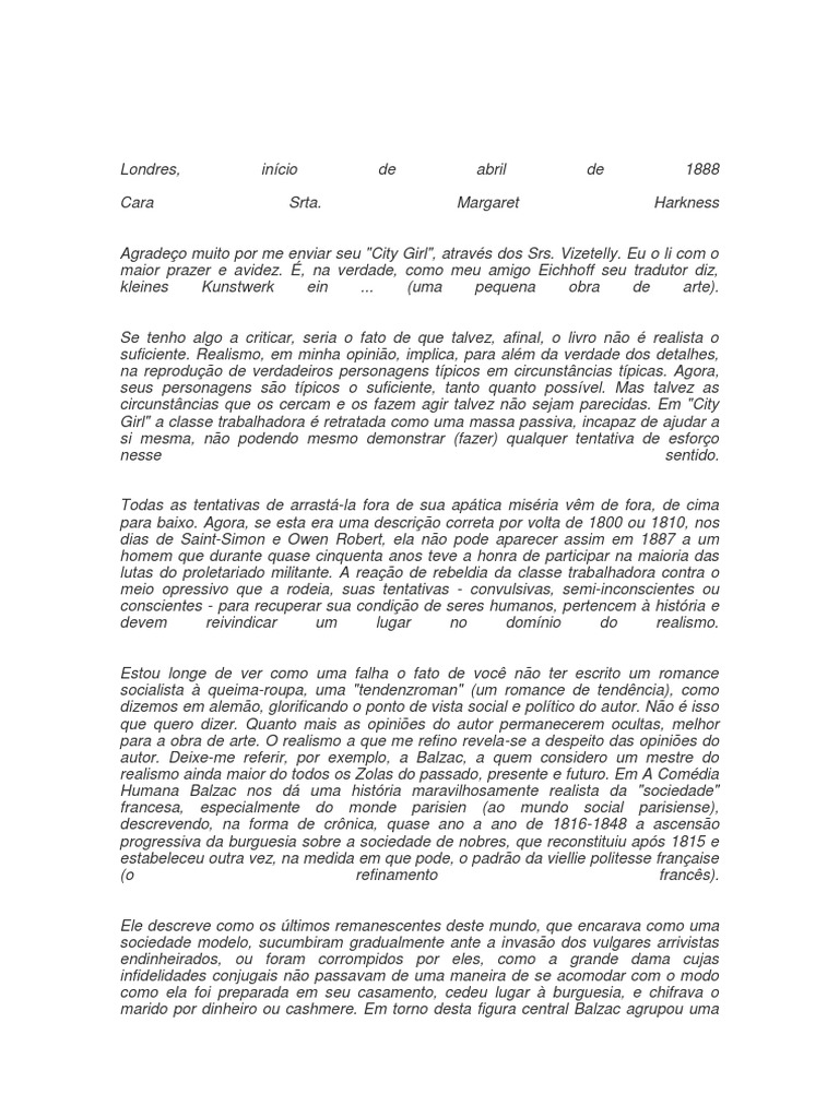Carta de Engels A Margaret Harkness | PDF | Realismo (artes) | Honoré ...